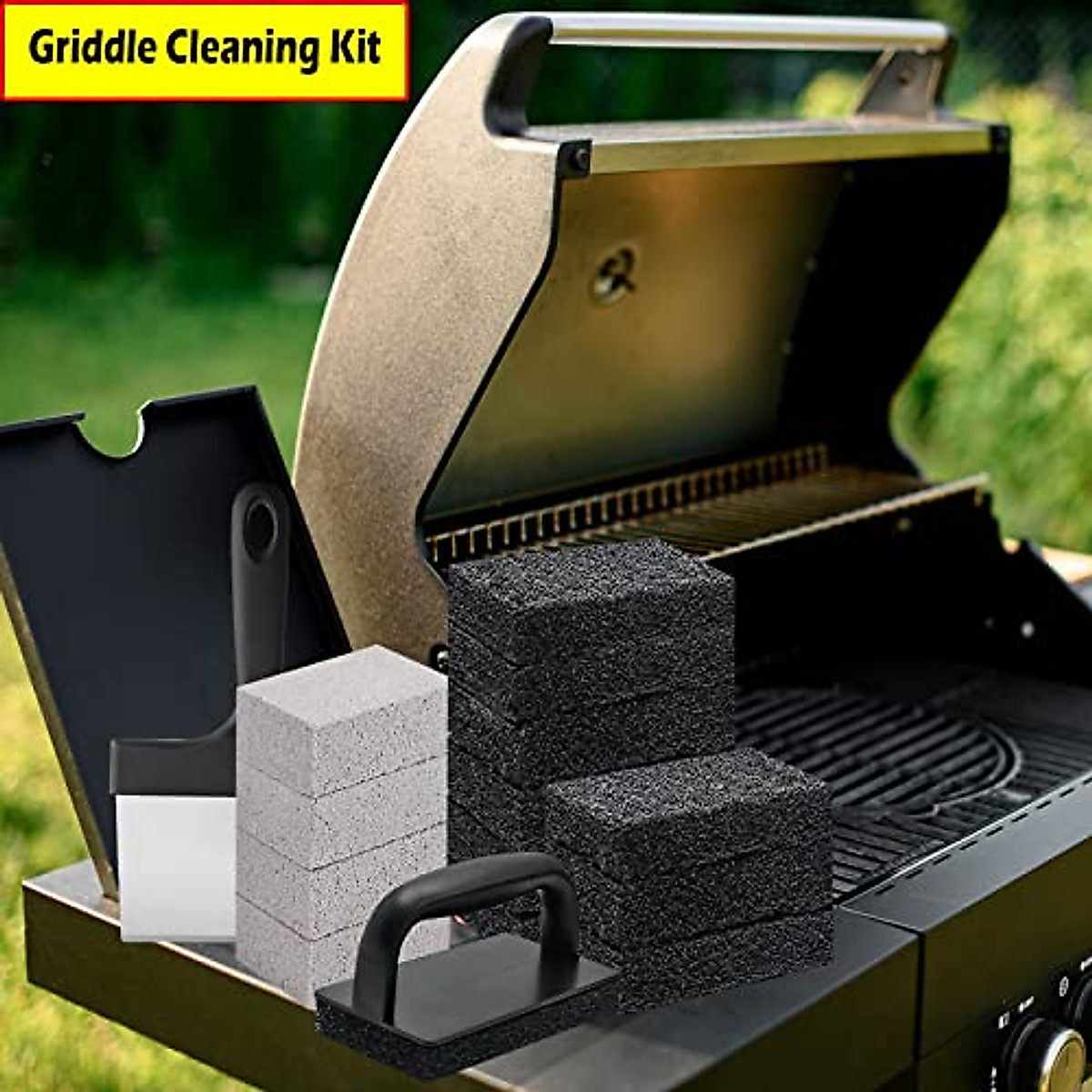 18 PCS Griddle Cleaning Kit for Blackstone, Flat Top Grill Cleaning Kit,Griddle Accessories with 1 Grill Scrapers, 1 Cleaning Handle, 10 Griddle Brush, 4 Grill Stone, 2 Pan Scrapers
