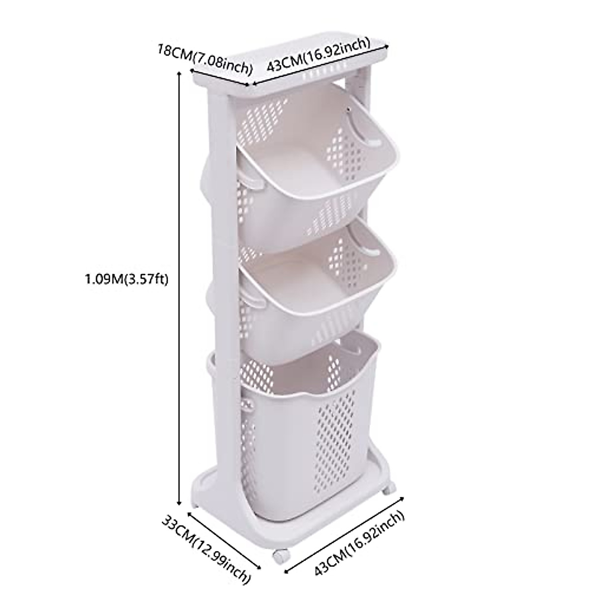 3 Tier Laundry Basket Clothes Storage Basket Rolling Washing Hamper with Wheel Dirty Clothes Basket Multi-layer Clothes Storage Basket Sorter for Kitchen Bedroom Bathroom