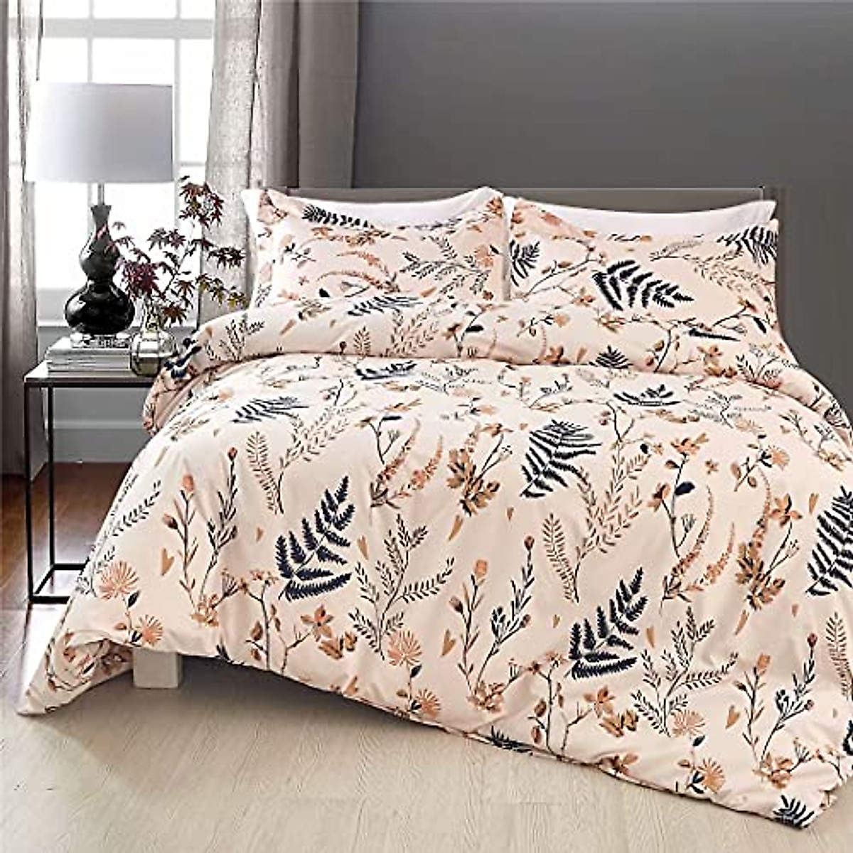 JSD 3 Piece Blush Floral Duvet Cover Set Queen, Soft Botanical Printed Microfiber Comforter Cover Zipper Closure Corner Ties