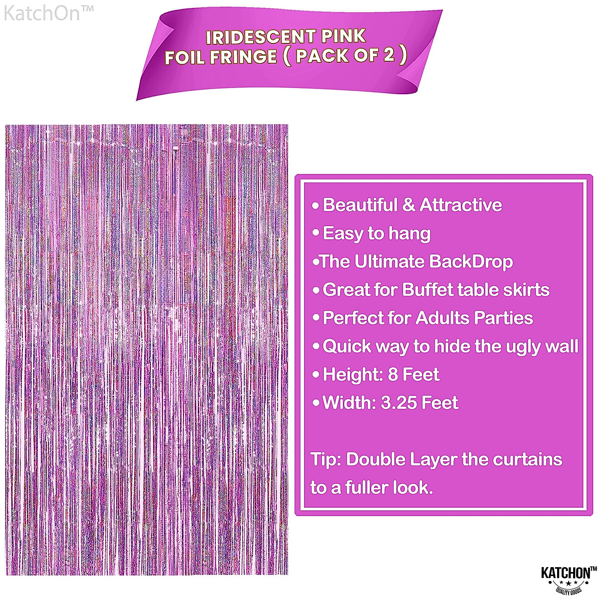 KatchOn Iridescent Pink Backdrop Curtain - XtraLarge 3.2x8 Feet, Pack of 2 | Pink Streamers for Pink Party Decorations | Pink Fringe Backdrop for Pink Birthday Decorations | Pink Fringe Photo Backdrop