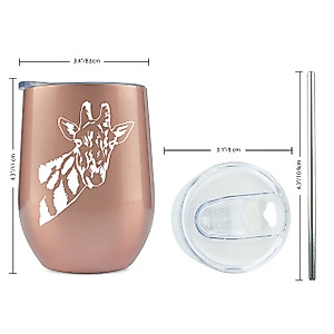 PDTXCLS Giraffe Gifts, 12oz Rose Gold Wine/Coffee Steel Tumbler/Mug with Premium Sliding Lid, Perfect Items for Women, Things for Animal Lover Glass Decor (Rose Gold)