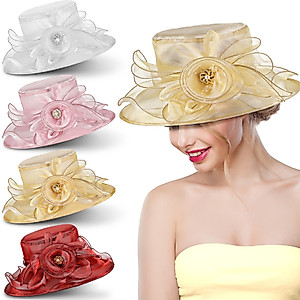 Breathffy 4 Pcs Derby Hats Women Organza Church Fascinator Bridal Flower Hat Wide Brim White Church Hat for Derby Day Wedding Tea Cocktail Party Sun, Beige Red White Pink