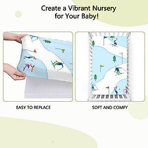 Ski Pattern Themed Fitted Crib Sheet,Standard Crib Mattress Fitted Sheet Ultra Soft Material -Baby Sheet for Boys Girls,52 x 28 Inch,Baby Blue and Multicolor