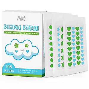 ANAI RUI Pimple Patches Hydrocolloid Acne Stickers with Tea Tree Oil + Salicylic Acid, Cover Dot for Acne Blemish, Draw out Oil & Impurities, 108 Dots, 12mm & 8mm