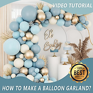 Dusty Baby Blue Balloons Balloon Arch Garland Kit,Sand White Metallic Gold Dusty Slate Fog Baby Blue Balloons for Boy Baby Shower Bridal Shower Birthday Party Decorations for Boy Men