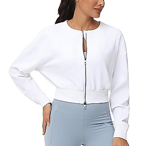 THE GYM PEOPLE Women's Cropped Jackets Full Zip Long Sleeve Ribbed Workout Sweatshirts Lightweight Casual Tops White
