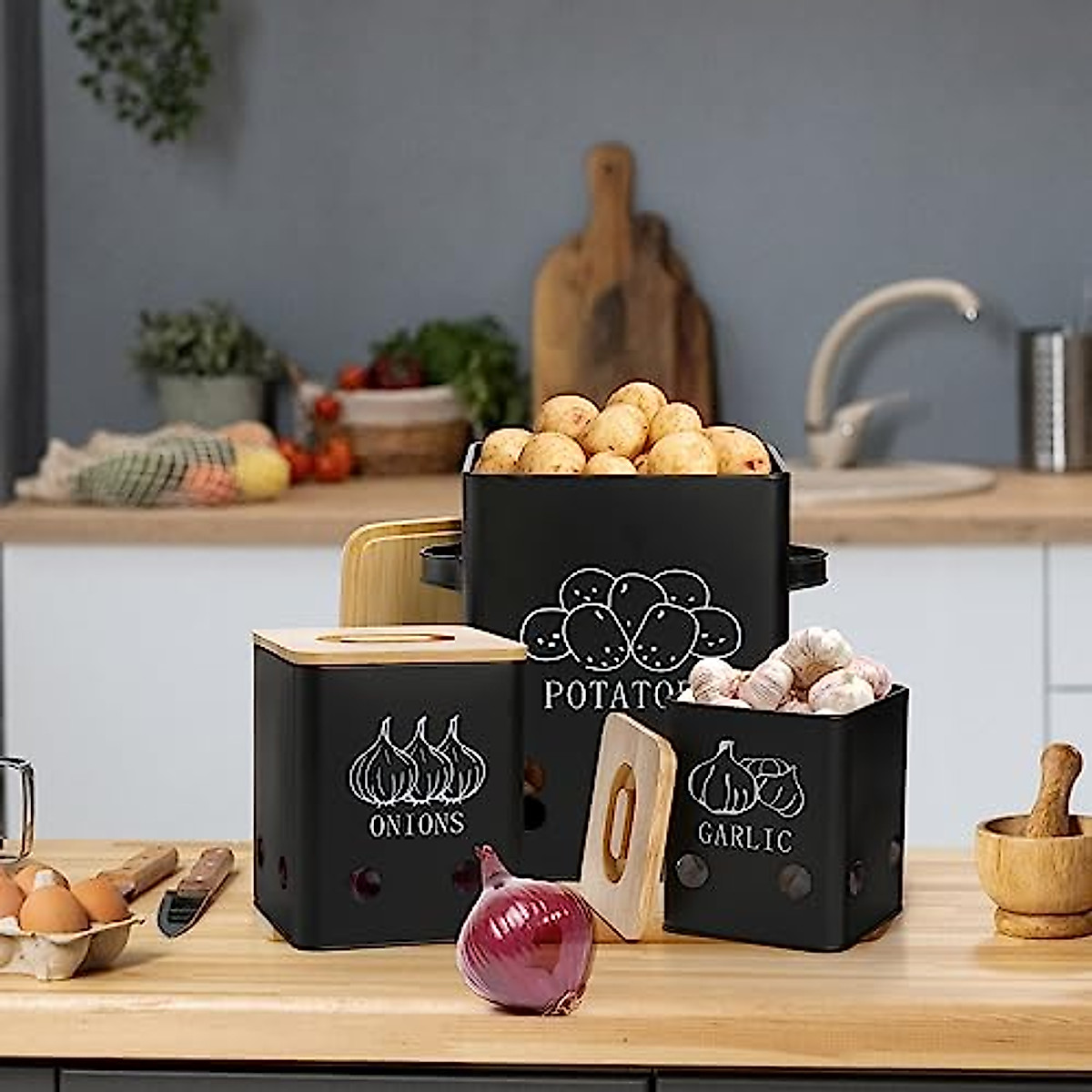 WUWEOT 3 Pack Vegetable Storage Bin, Potato Onion Garlic Storage Canister, Black Metal Vegetable Fresh Keeper Caddy, Kitchen Pantry Organizer Jars with Bamboo Lid and Aerating Holes