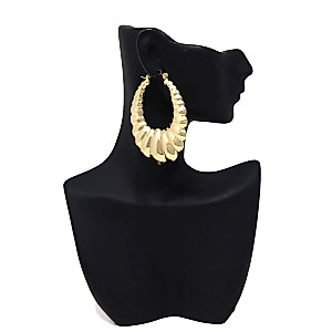 Pnk Trend Gold Plated Scalloped Hoop Earrings for Women-Oval Shaped Shrimp Puffy Hollow Hoop Door Knocker Pin-catch Earrings 50 mm/ 2 inch with Jewelry Box