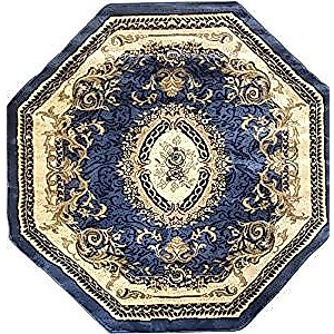 Traditional Octagon Oriental Floral Aubusson Area Rug Persian Light Blue Burgundy Beige Design 602 (4 Feet X 4 Feet)