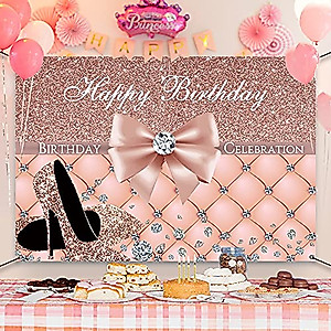 AWERT Polyester 6x3.6ft Happy Birthday Banner Glitter High Heels Diamonds Bowknot Rose Gold Sign Poster for Birthday Backdrop for Women Girls Birthday Party Decorations Banner
