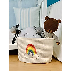 Cute Rainbow Nursery Laundry Basket/ Baby Hamper for Nursery/ Woven Laundry Basket/ Cotton Rope Basket/ Nursery Hamper for Baby Toys Storage Kids Books Blankets Clothes Pets/ Bin Containers Décor /Baby Shower Easter Gift/Large-11"H x 17.7"W x 13.4"L