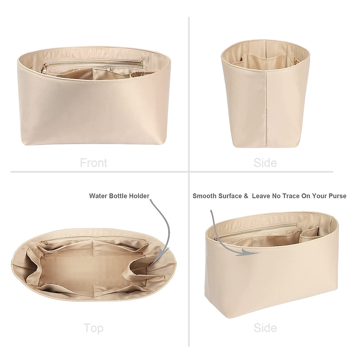 Purse Organizer Insert For Handbags, Silk Purse Organizer with Zipper, Silky Smooth, Bag Organizer For Speedy Neverfull Tote,onthego,Artsy, 6 Sizes(Slender Medium, Silky Beige)
