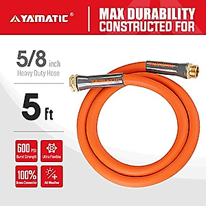 YAMATIC Female to Female Short Garden Hose 5/8 in x 5 ft, 2 in 1 Dual Use Heavy Duty Leader Hose with Solid Brass Connector, All-Weather Water Hose, Burst 600 PSI