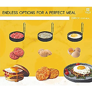 YAGITools Egg Rings Mold- Set of 4 Round Egg Rings for Egg McMuffins - Rust & Leak proof Egg Rings for Frying Eggs - Egg Molds with Foldable Handles + Silicone Basting Brush (3.5 inch), black