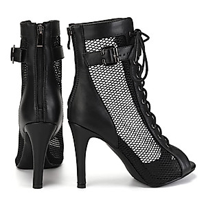 TINRYMX Women Open Toe Dance Ankle Boots Dance Heels Lace-up Latin Salsa Bachata Ballroom Dance Shoes, DSK92-PM-Black-9.5, 11(M) US
