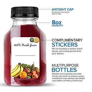 Juice Bottles with Caps for Juicing & Smoothies, Reusable Clear Empty Plastic Bottles with Caps, 8 Ounce Drink Containers for Mini Fridge, Juicer Shots, Small Water Bottles Bulk 8 oz (12 Pack)