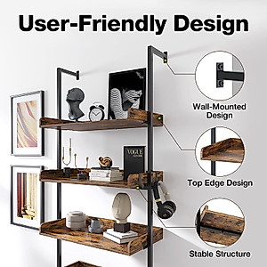 Rolanstar 5-Tier Bookshelf with 3 Hooks, Wall Mount Bookcase with Wooden Edge 72", Storage Rack with Open Shelves Display Plant Flower Stand Organizer for Living Room, Home Office, Rustic Brown