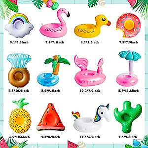 BUoonyer 12Pcs Inflatable Drink Holder Pool Floaties, Girl Doll Swimming Pool Float Accessories Set, Summer Flamingos Duck Donut Pineapple Cactus Ring Water Cup Coasters Supplies for Swim Beach Party