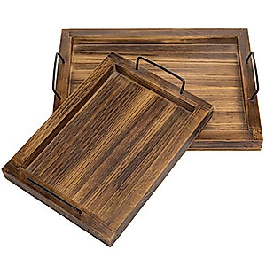 MyGift Rustic Burnt Wood Decorative Tray with Handles, Rectangular Breakfast Ottoman Serving Tray, Set of 2