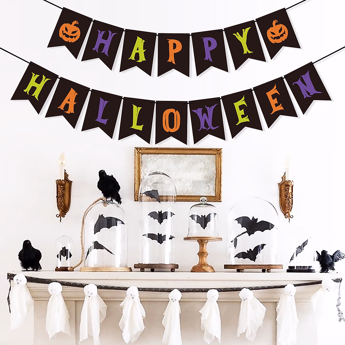 VILIFEVER Happy Halloween Banner with Pumpkin for Halloween Decorations, Paper Flag Bunting Garland Halloween Mantel Fireplace Decor Home Outdoor Haunted House Decorations Supplies