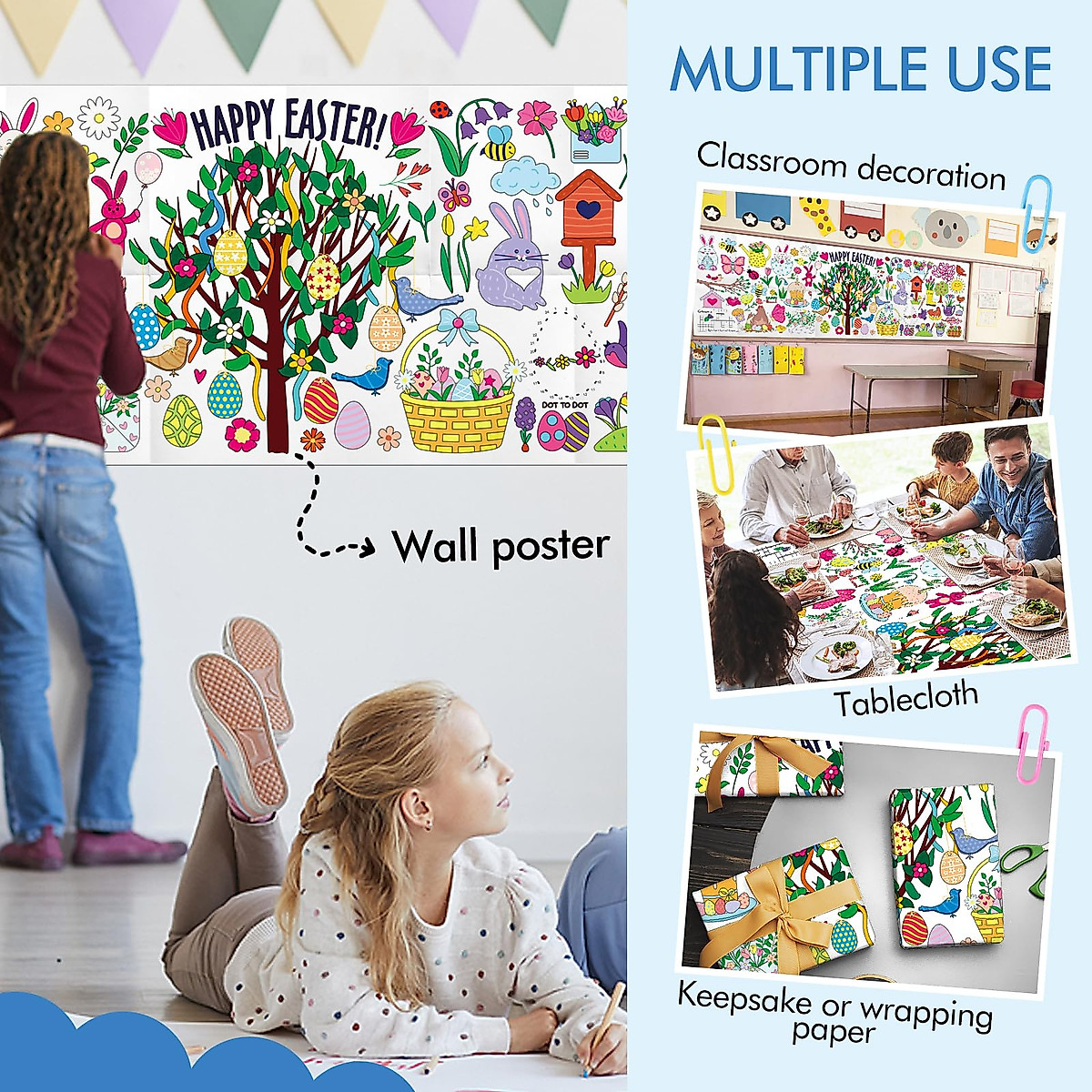 JellyPanda Easter Large Coloring Table Cloth Happy Easter Giant Coloring Poster Bunny Egg Pages Sheets Paper for Kids Adults 71 * 23.6 in