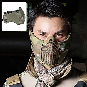 AOUTACC Airsoft Mask, Half Face Mesh Masks with Ear Protection for CS/Hunting/Paintball/Shooting (Mesh Ear, Gray)