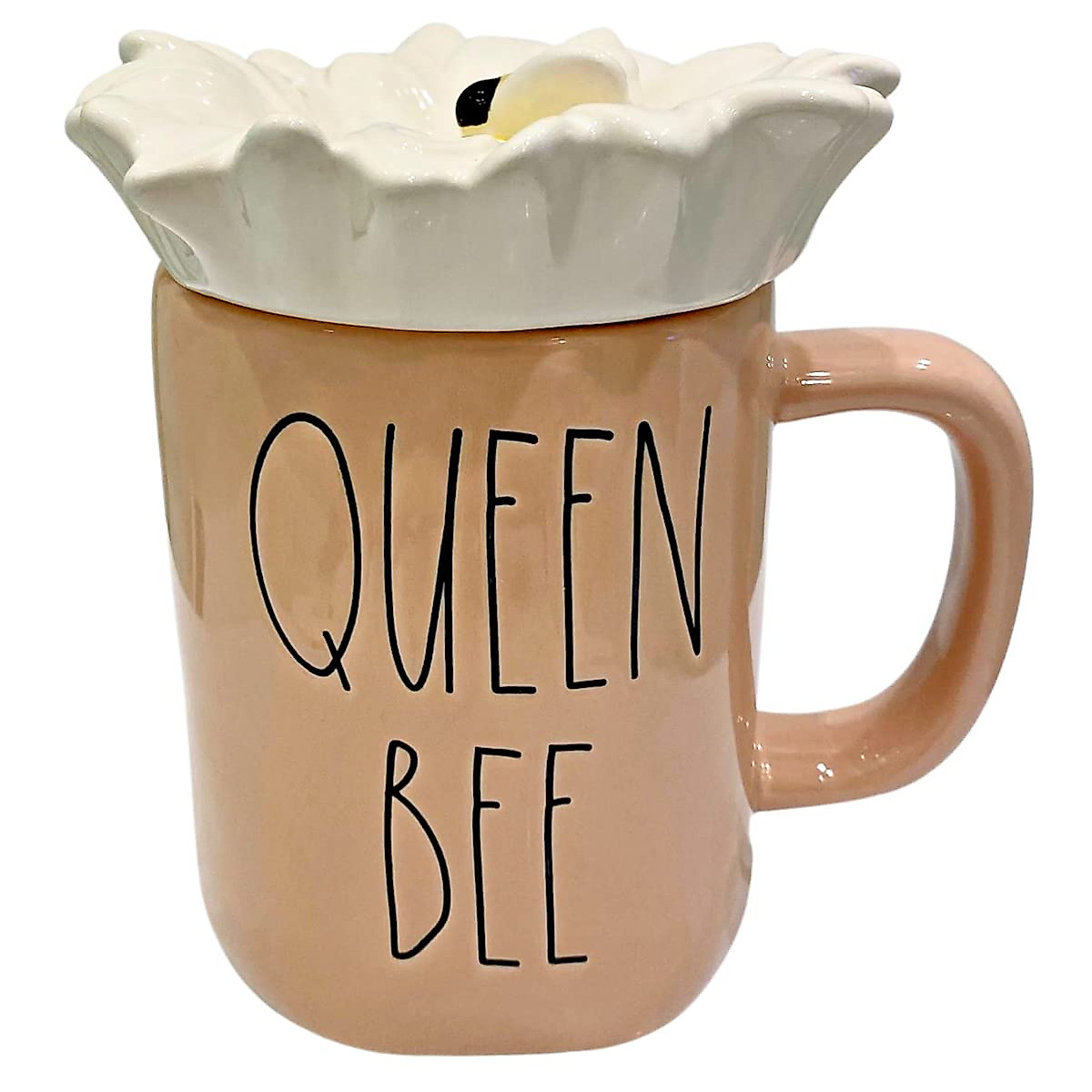 Rae Dunn Magenta Finely Glazed Ceramic Coffee Mug in Salmon with Daisy Flower Lid | Inscribed: QUEEN BEE Daisy with Bumble Bee on Lid