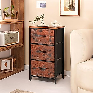 Yoobure Nightstand with 3 Fabric Drawers, Dresser for Bedroom Storage Drawer Tower, Small End Table Bedside Furniture Dressers & Chests Organizer Unit Closet Hallway Entryway Office, Berry Brown
