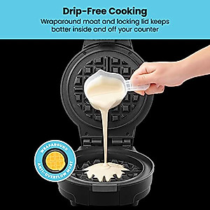 Chefman Anti-Overflow Waffle Maker, Belgian Waffle Iron with Seven Crunch Selector Settings, Mess-Free Moat Catches Excess Batter, Nonstick Electric Single Griddle Mold Makes 6-Inch Round Waffles