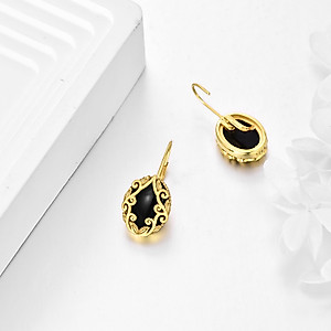 Black Earrings Sterling Silver Onyx Oval Leverback Earrings 18K Yellow Gold Plated Filigree Boho Dangle Earrings Jewelry Christmas Gifts for Women (Black onyx earrings)