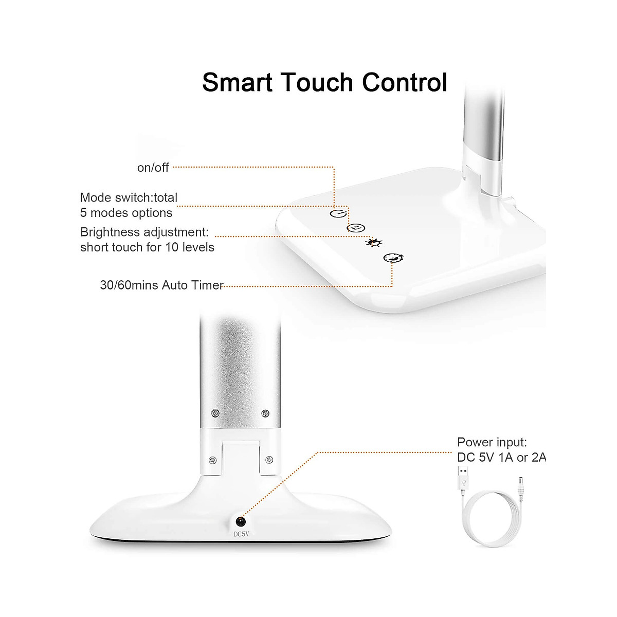 LED Desk Lamp for Home Office - Dimmable, Eye-Caring Reading Table Lamp, 5 Lighting Modes 10 Brightness Levels, Touch Control, 30/60 min Auto Timer
