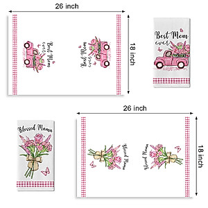 Seliem Mother's Day Truck Flower Kitchen Dish Towel Set of 2, Best Mom Ever Carnation Rose Bouquet Hand Towel Buffalo Plaid Drying Baking Cooking Cloth, Blessed Mama Holiday Kitchen Gift 18x26 Inches