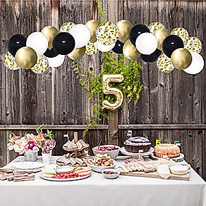 Black and Gold Confetti Balloons, 50 Pack 12inch White Latex Party Balloon Set with Gold Ribbon for Graduation Wedding Birthday Baby Shower Decorations