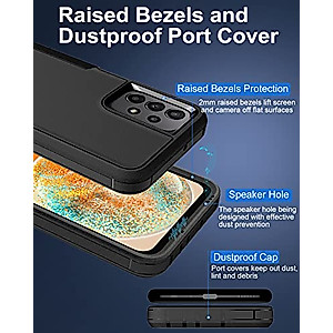 Dahkoiz Samsung Galaxy A23 5G/4G Phone Case, with Glass Screen Protector, Dust-Proof Port Cover, Magnetic Car Mount Support, Full Body Silicone Rubber Protection, Black/Black