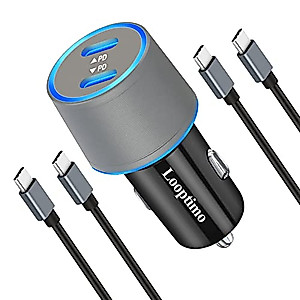 Dual 30W PD Ports USB C Rapid Charging Car Charger, 3.3+6.6ft Type C Cable for Google Pixel 7/7 Pro/6a/6/6 Pro/5a/4a, Samsung Galaxy S22 5G/Ultra/Plus Android Phone, Looptimo 60W Fast Car Adapter-Grey