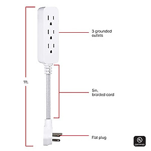 GE 3-Outlet Power Strip Extension Cord with Multiple Outlets 6 Inch Braided Short Cord Extension Cord Grounded Flat Plug Extension Cord UL Listed White 45190