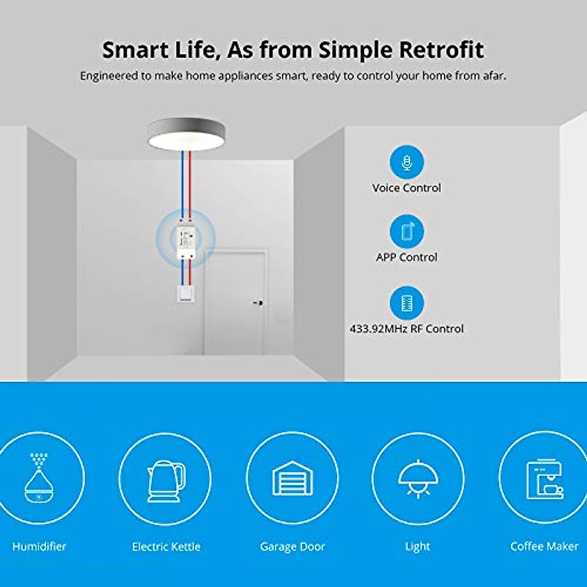 SONOFF Basic R2 10A Smart WiFi Wireless Light Switch, Universal DIY Module for Smart Home Automation Solution, Works with Amazon Alexa & Google Home Assistant, Works with IFTTT, No Hub Required