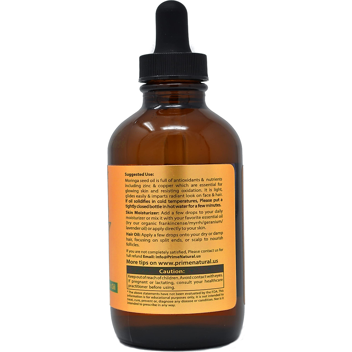 PRIME NATURAL Organic Moringa Oil USDA Certified, 100% Pure, Cold Pressed, Virgin, Unrefined Oil (4oz /120ml) - Joints, Skin, Face, Body & Hair - Vegan - Food Grade - Natural Moisturizer
