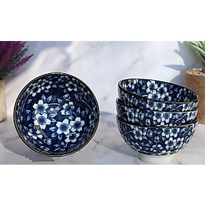 Ebros Gift Made in Japan Ming Style Blue And White Summer Floral Blossom Design 12oz Rice Soup Cereal Porcelain Bowls Set of 4 Home Decor Zen Asian Fusion Accent Housewarming Birthday Gifts Bowl Set