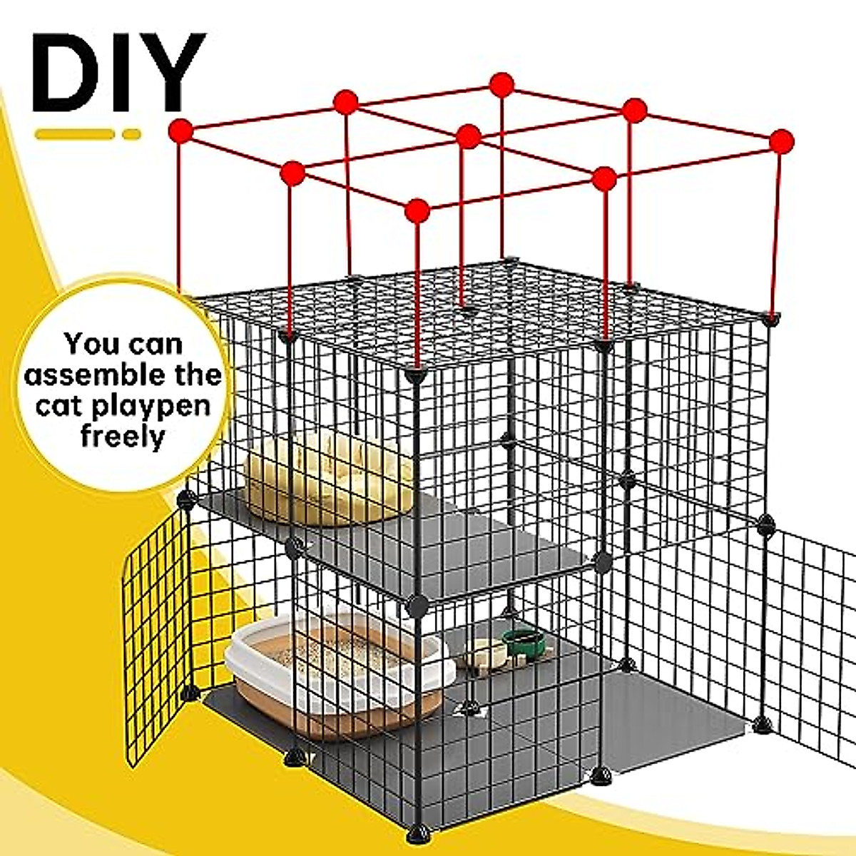 Eiiel 3-Tier Cat Cage Enclosures Indoor DIY Cat Playpen Detachable Metal Wire Kennels 2Lx2Wx3H Crate Large Exercise Place Ideal for 1-2 Cats, Black