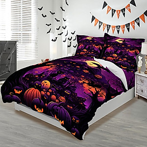 DiuuDi Halloween Elements Duvet Cover King Size 3D Printed Black Cat Pumpkin Tree Duvet Cover Set Purple and Orange Bedding Set Comforter Cover Cozy Quilt Cover with 2 Pillowcases