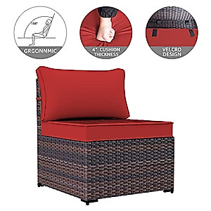 Halmuz 6 Piece Patio Furniture Sets Outdoor Conversation Sofa Set, All-Weather High Back PE Rattan Wicker Sectional Furniture Patio Sofa w/Tempered Glass Top Table&Thickened Cushions(Red)