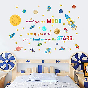 IARTTOP Colorful Space Wall Decal, Inspirational Quote Universe Stickers, Watercolor Outer Space Rocket Planets Wall Stickers for Kids Room Nursery Classroom Decor