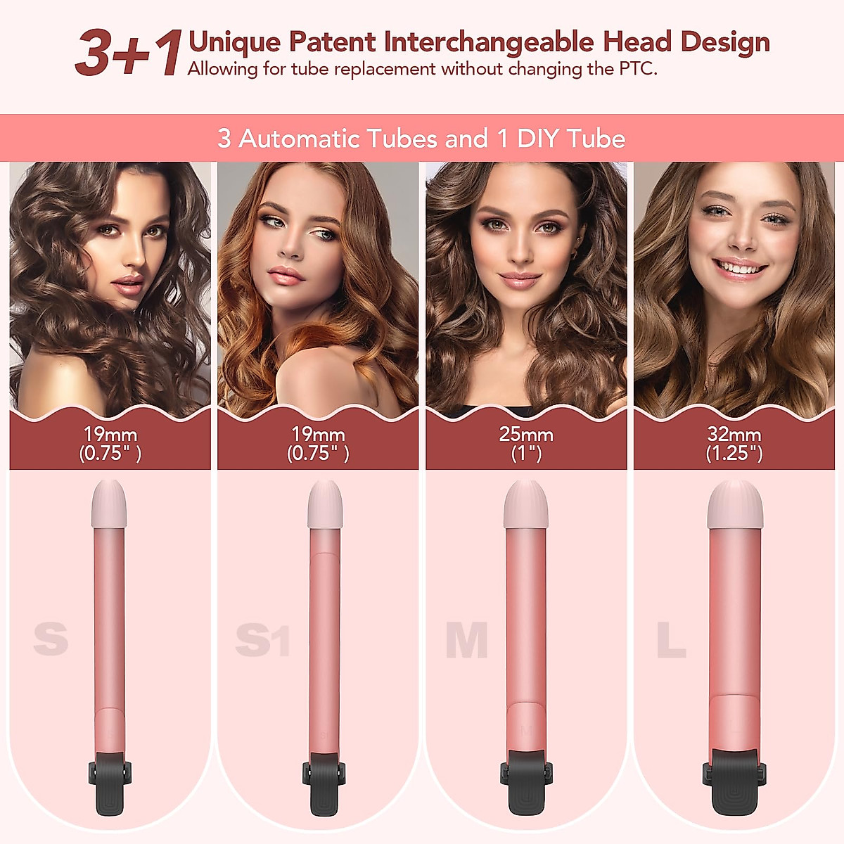 Bestauty Automatic Curling Iron, 0.75(2 PCS)/1/1.25" Interchangeable Ceramic Coating Heating Iron Barrels, Quick Heating Hair Curler 360° Rotating for Waver Curl, 4 Adjustable Temperature 320°F-430°F