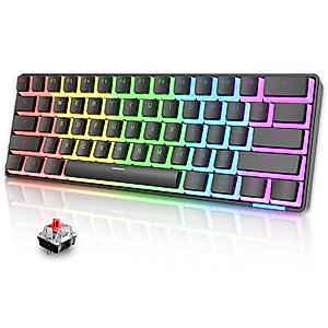 Mini Wireless 60% Dual Mode BT5.0/USB-C Wired Mechanical Gaming Keyboard with Pudding Keycaps Rainbow Backlit Ergonomic Rechargeable Anti-ghosting 61Key for PC Typist Mac Gamer(Black PBT/Red Switch)