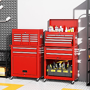 INTERGREAT 8 Drawer Rolling Tool Chest, High Capacity Tool Chest with Wheels, 2-in-1 Detachable Steel Toolchest Organizer Combo, Tool Cabinet for Garage, Workstation (Red)