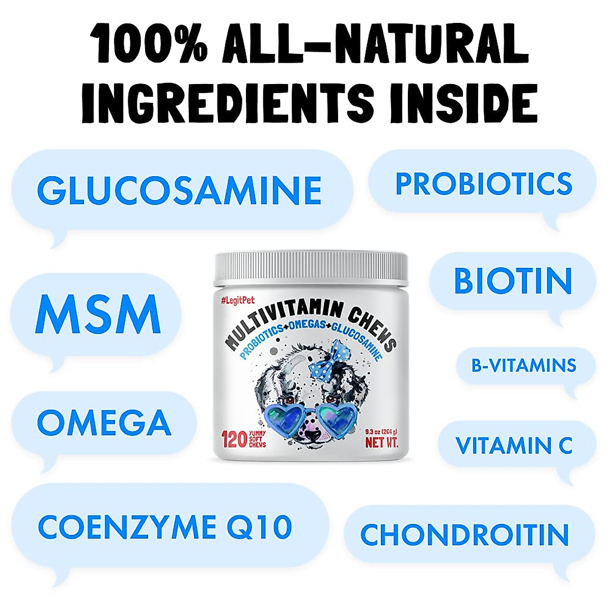 Dog Vitamins - 120 Multivitamins Chews w/Glucosamine Chondroitin, Probiotics Digestive Enzymes and Omegas - Supplement for Overall Health - Joint Support, Immune Health, Skin and Heart Health