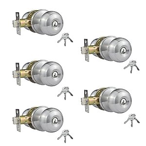 Comfhouse 5 Pack Stainless Steel Ball Entry Door Knob, Keyed-Alike Satin Nickel Entrance Door Knob,Interior/Exterior Door Knob with Lock For Bedroom Bathroom, Front Entry Door Knobs with Lock Same Key
