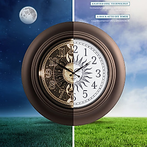 La Crosse Clock 435-3256B-SM-INT 21" Indoor/Outdoor Quartz Clock with Lighted Sun & Moon Dial