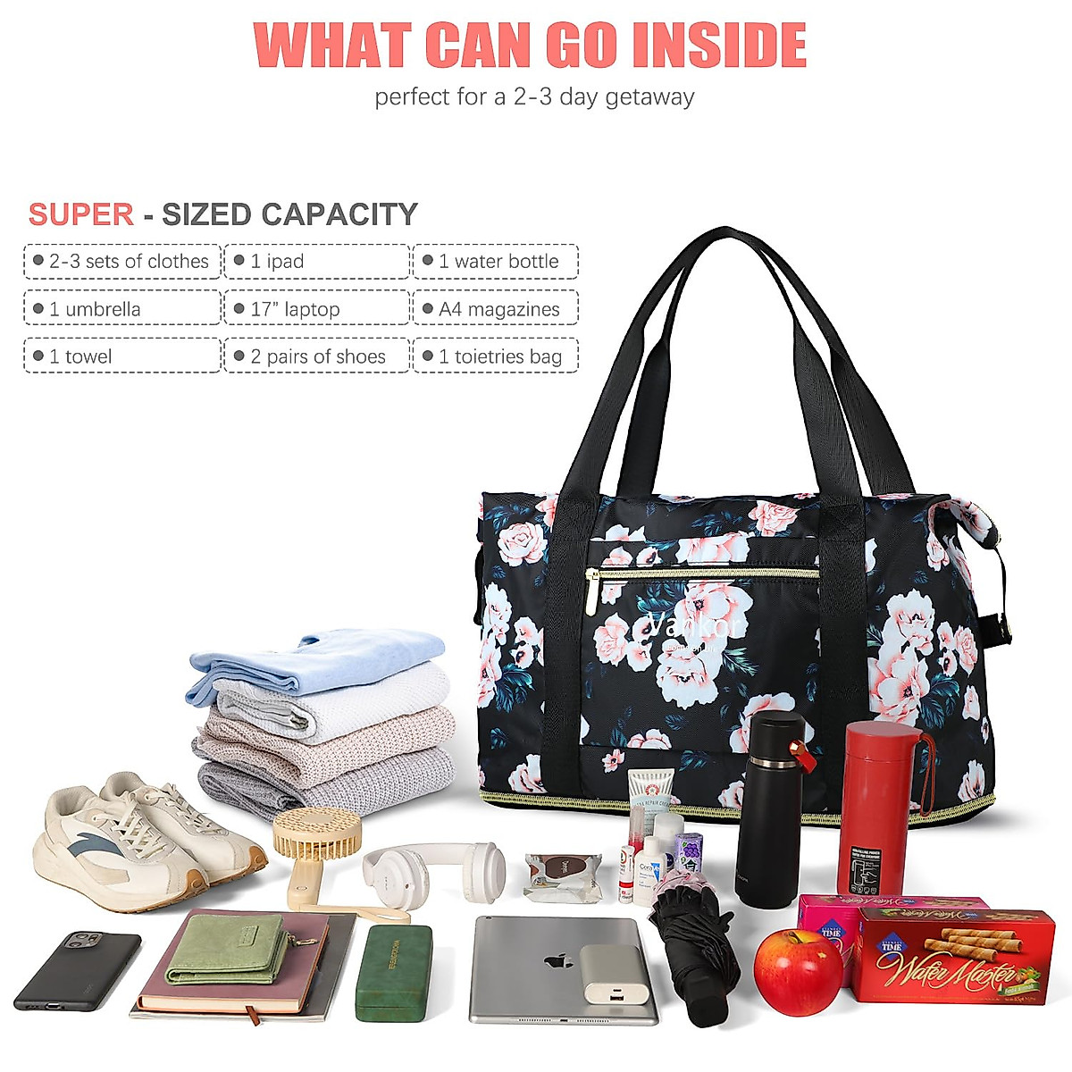 Travel Duffle Bag, Sports Tote Gym Bag, Weekender Bag, Expandable Waterproof Carry on Bag with Trolley Sleeve Wet Pocket Overnight Bags for Women - Black